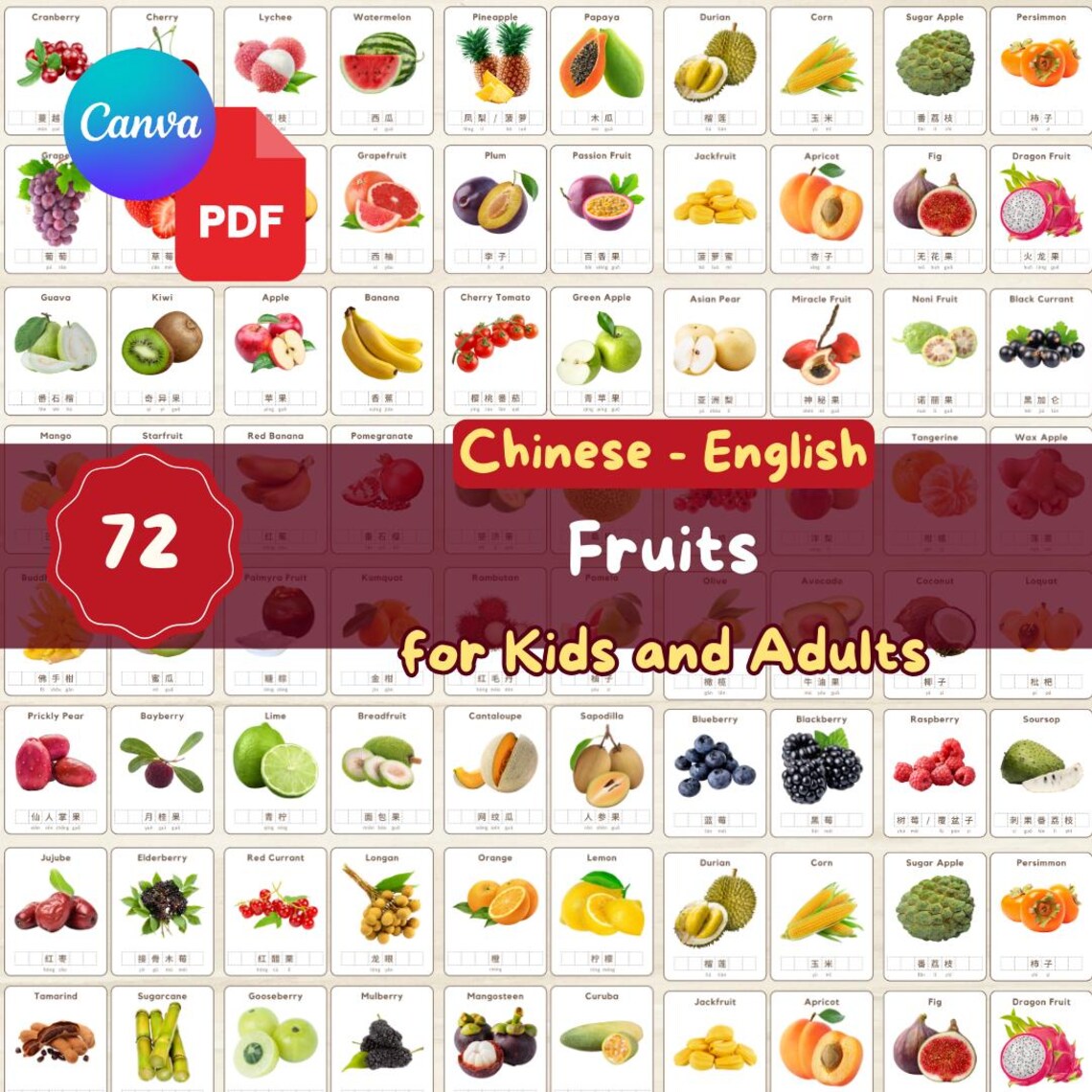 Chinese Fruits Flashcards: Montessori 3-part Cards With Pinyin ...