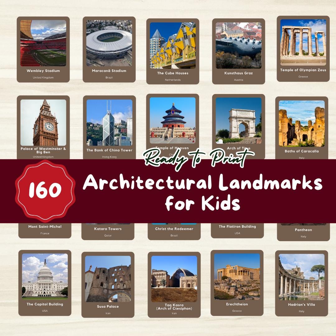 160 ARCHITECTURAL LANDMARKS Flashcards | Editable Montessori 3-part ...