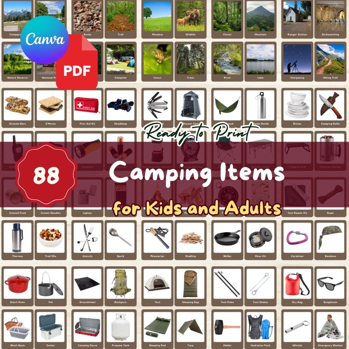 Camping Flashcards: Montessori 3-part Cards (printable PDF + Canva Link ...