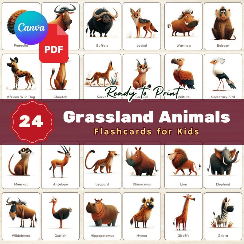 Watercolor Savanna Animals Flashcards: Montessori 3-part Cards ...