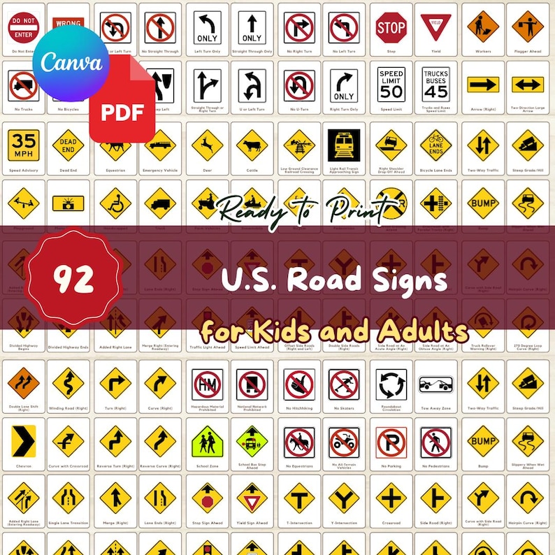 92 U.S. ROAD SIGNS Flashcards: Montessori 3-part Cards (printable PDF ...