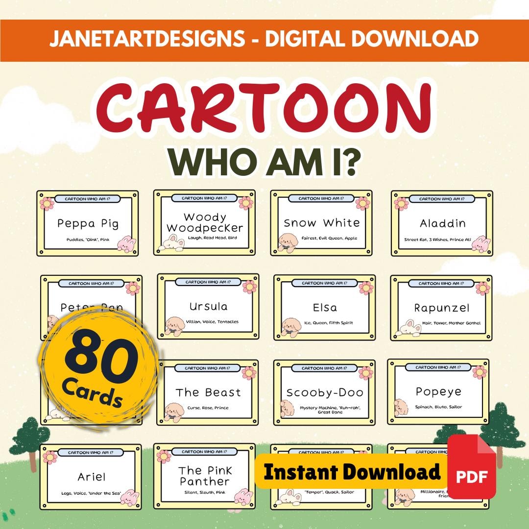 CARTOON Who Am I Printable | 100 Character Cards With Hints, Family ...