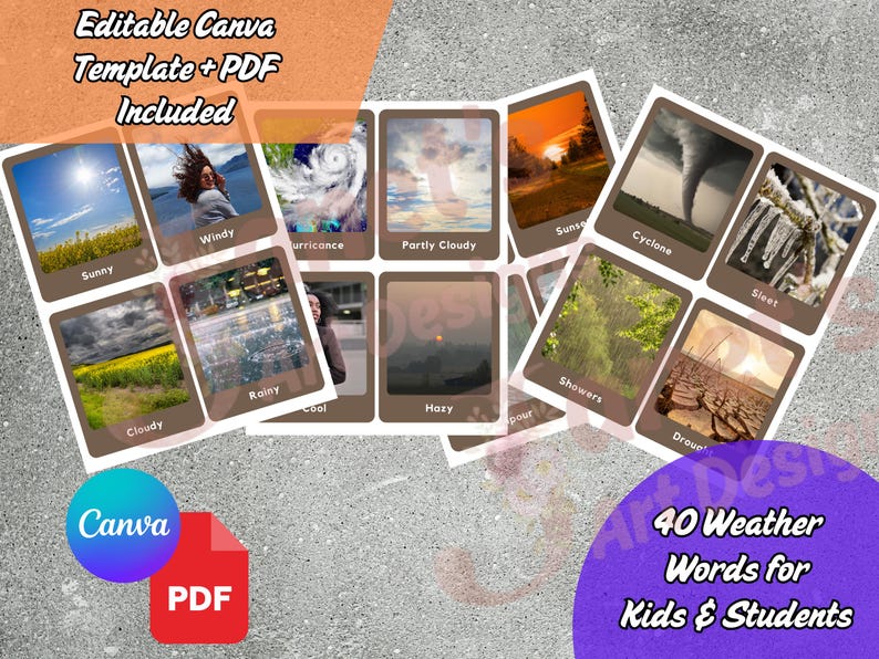 40 WEATHER FLASHCARDS | Vocabularies for Kids | Editable Montessori 3 ...