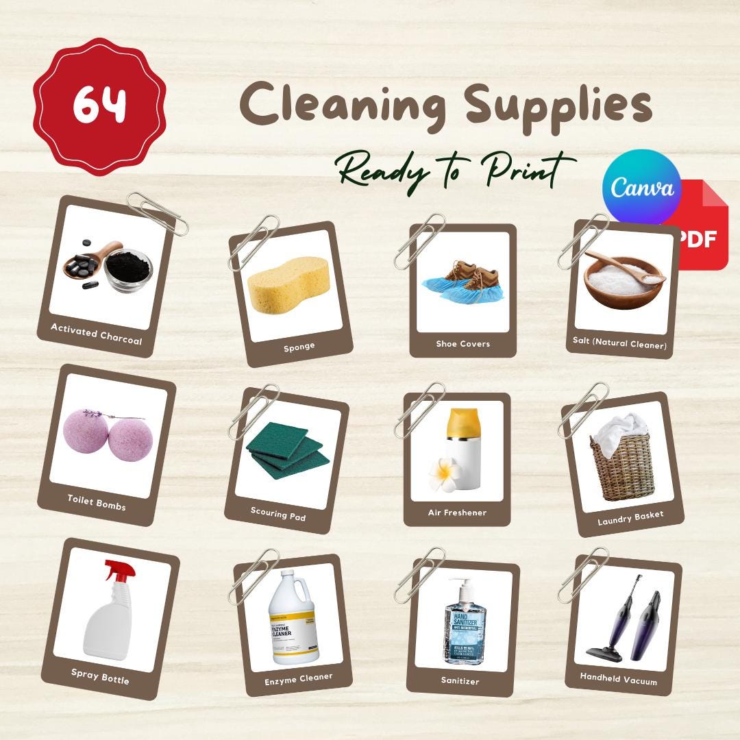 64 CLEANING SUPPLIES Flashcards | Editable Montessori 3-part Cards ...
