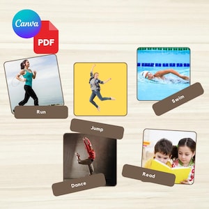 Action Verbs Flashcards: Montessori Learning Cards, Editable Canva (PDF ...