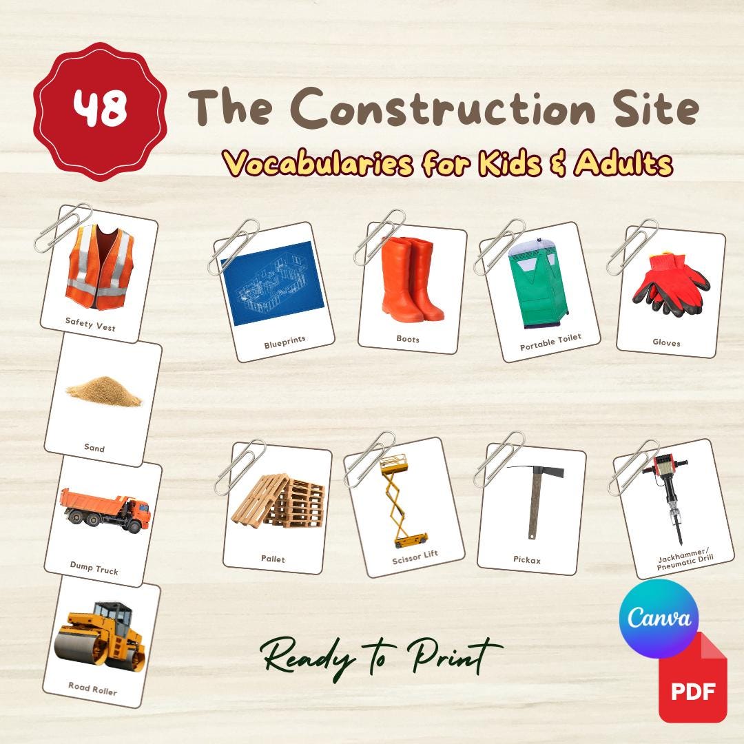 48 CONSTRUCTION SITE Flashcards: Montessori 3-part Cards (printable PDF ...