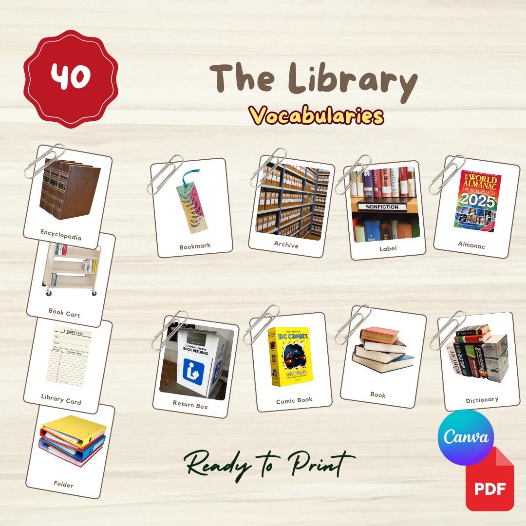 40 LIBRARY Flashcards: Montessori 3-part Cards (printable PDF ...