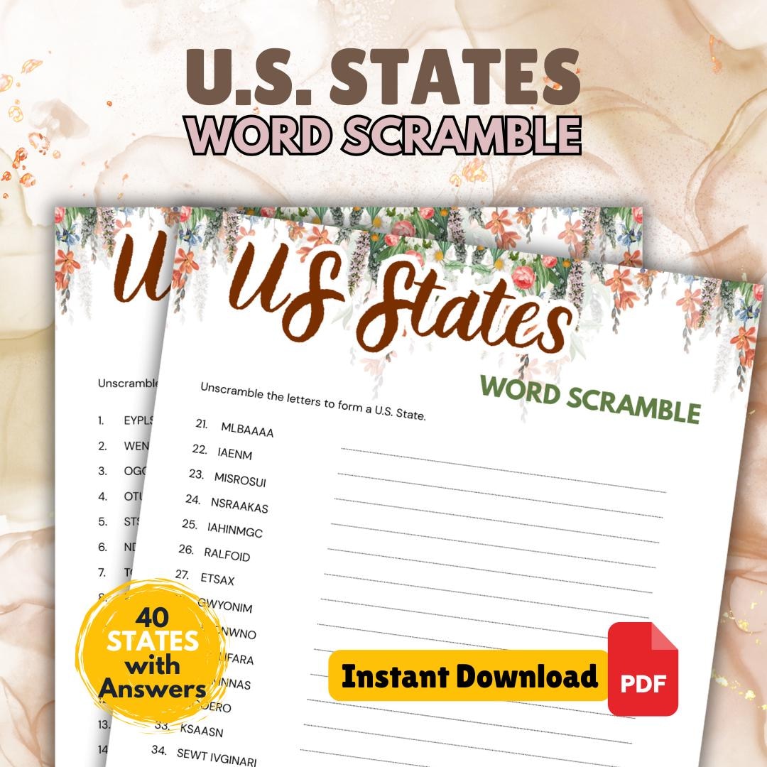 U.S. STATES Word Scramble With Answers | Printable Family Friends Party ...