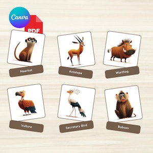 24 Watercolor SAVANNA ANIMALS Flashcards | Editable Montessori 3-part ...