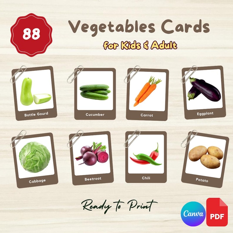 Vegetables Flashcards: Montessori 3-part Cards (printable PDF + Canva ...
