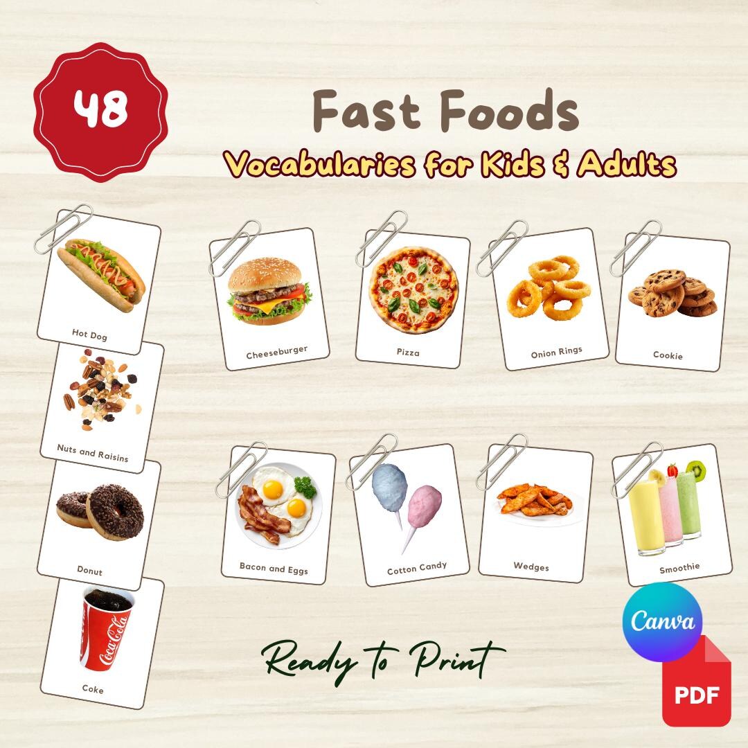 48 FAST FOODS Flashcards: Montessori 3-part Cards for Kids (printable ...