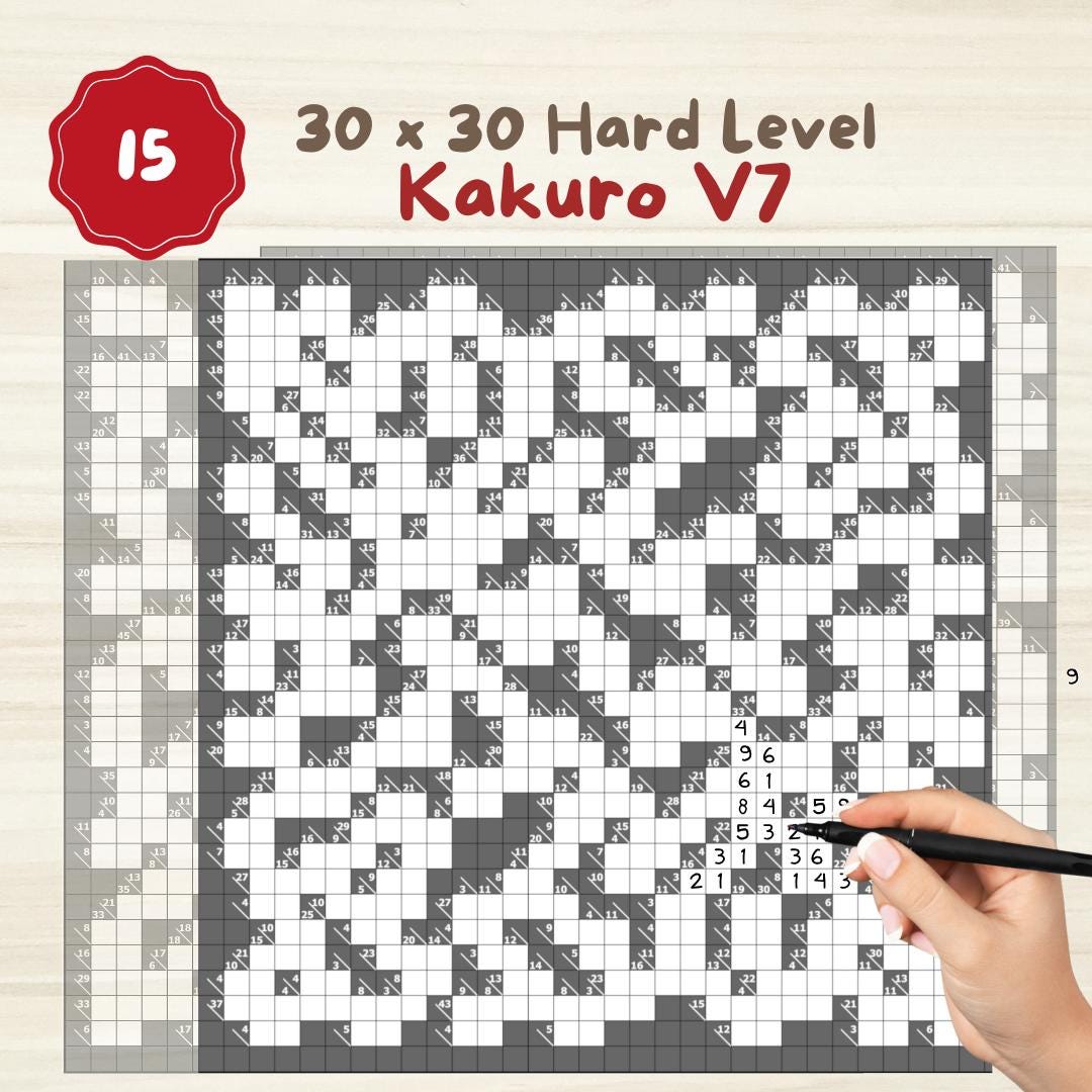 15 Printable Hard Kakuro Puzzles 30 X 30 Volume 7 – Math Logic Brain ...