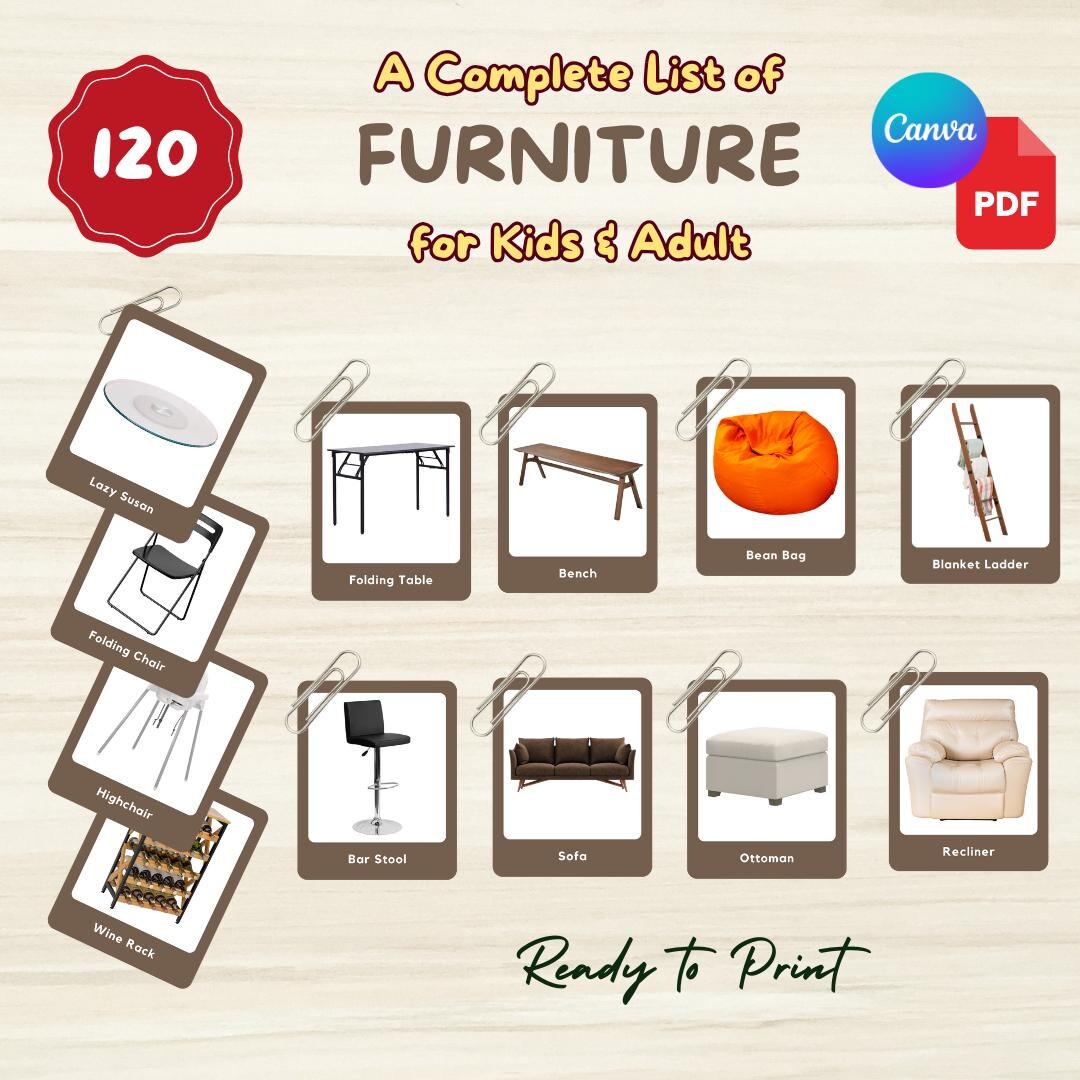 120 FURNITURE Flashcards | Home Office Classroom Vocabulary | Printable ...