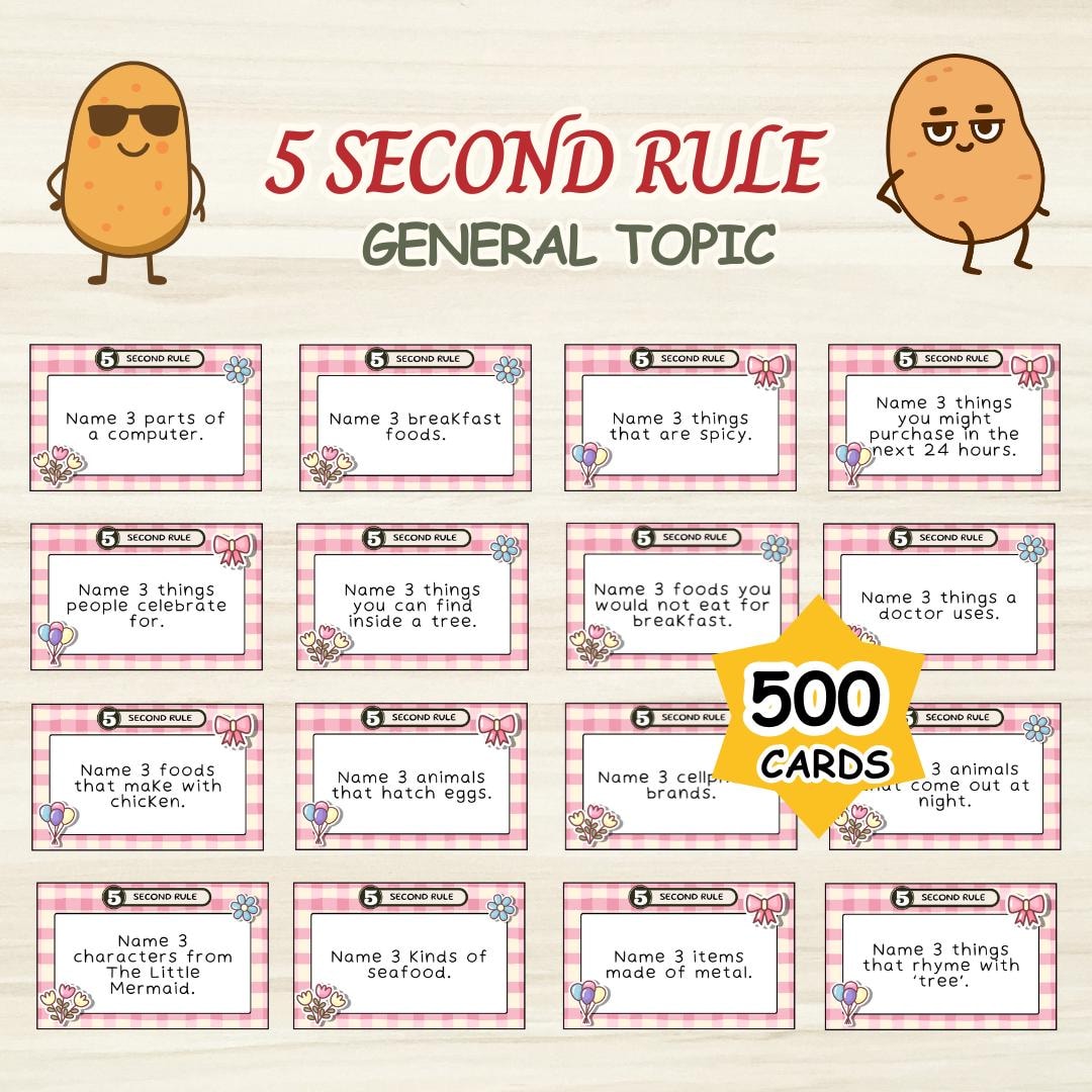 5 Second Rule Game Printable | 500 Cards Party Game PDF Instant ...