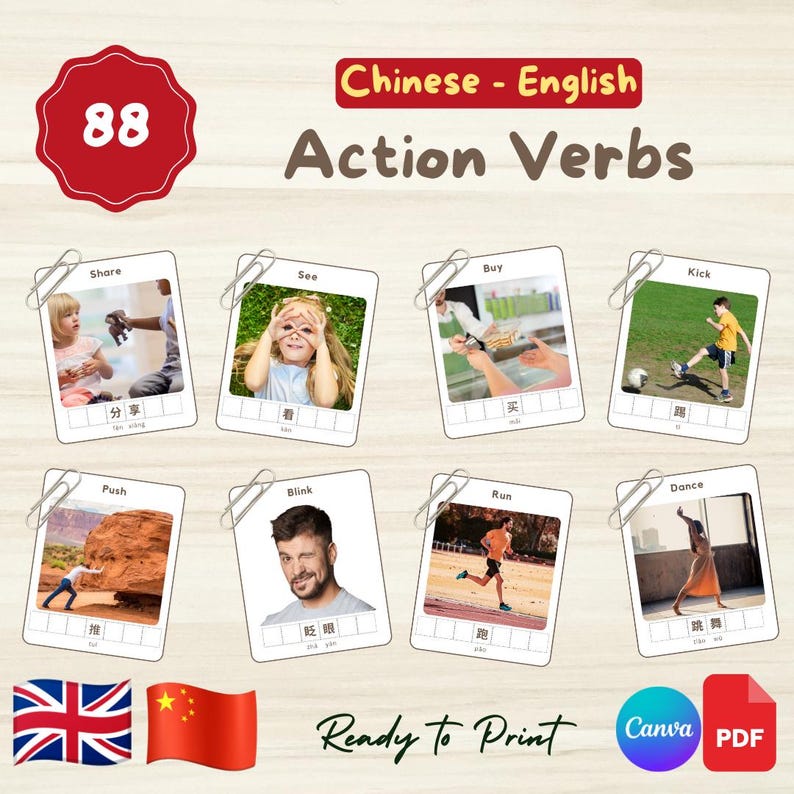 Chinese Action Verbs Flashcards: Montessori Learning, Pinyin (printable ...