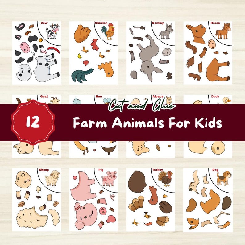 FARM ANIMALS Cut & Glue Activity | 12 Worksheets | Paper Crafting ...