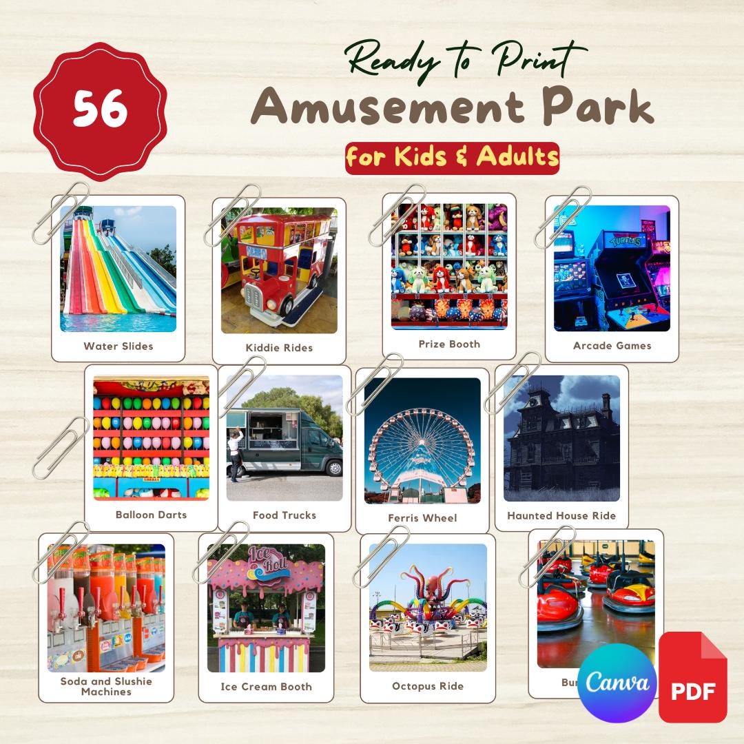 56 AMUSEMENT PARK Flashcards: Montessori 3-part Cards (printable PDF ...