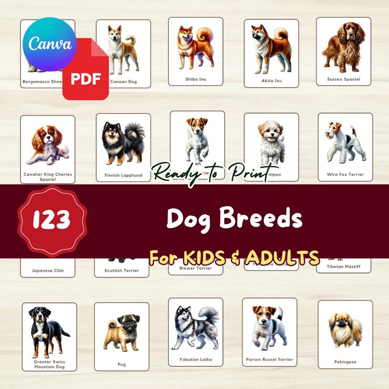 Watercolor Dog Breeds Flashcards: Montessori 3-part Cards (printable ...