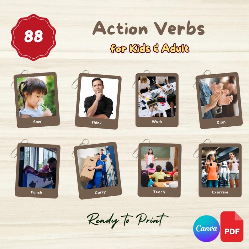 Action Verbs Flashcards: Montessori Learning Cards, Editable Canva (PDF ...