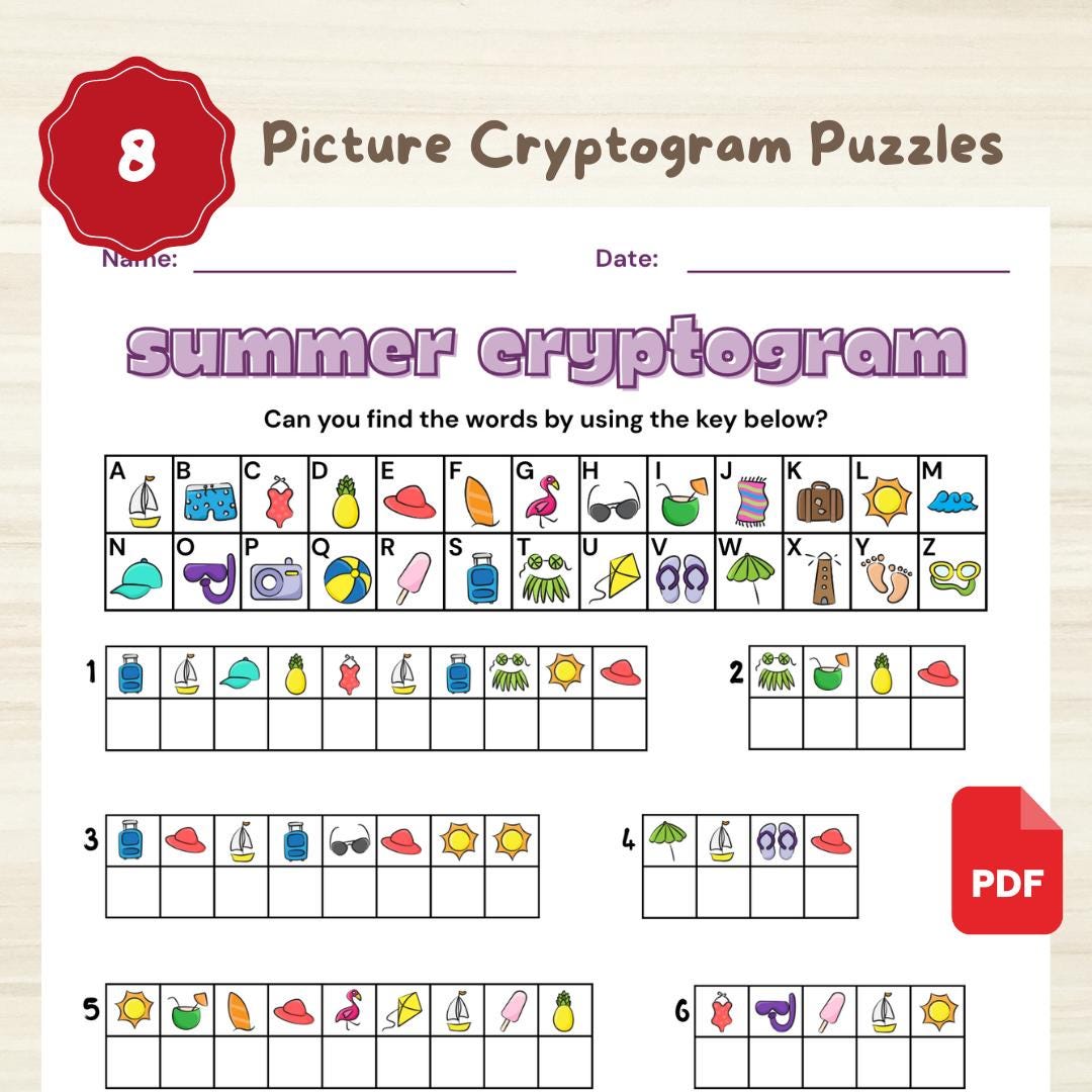8 Summer Cryptogram | Printable PDF Word Puzzle Montessori Learning ...