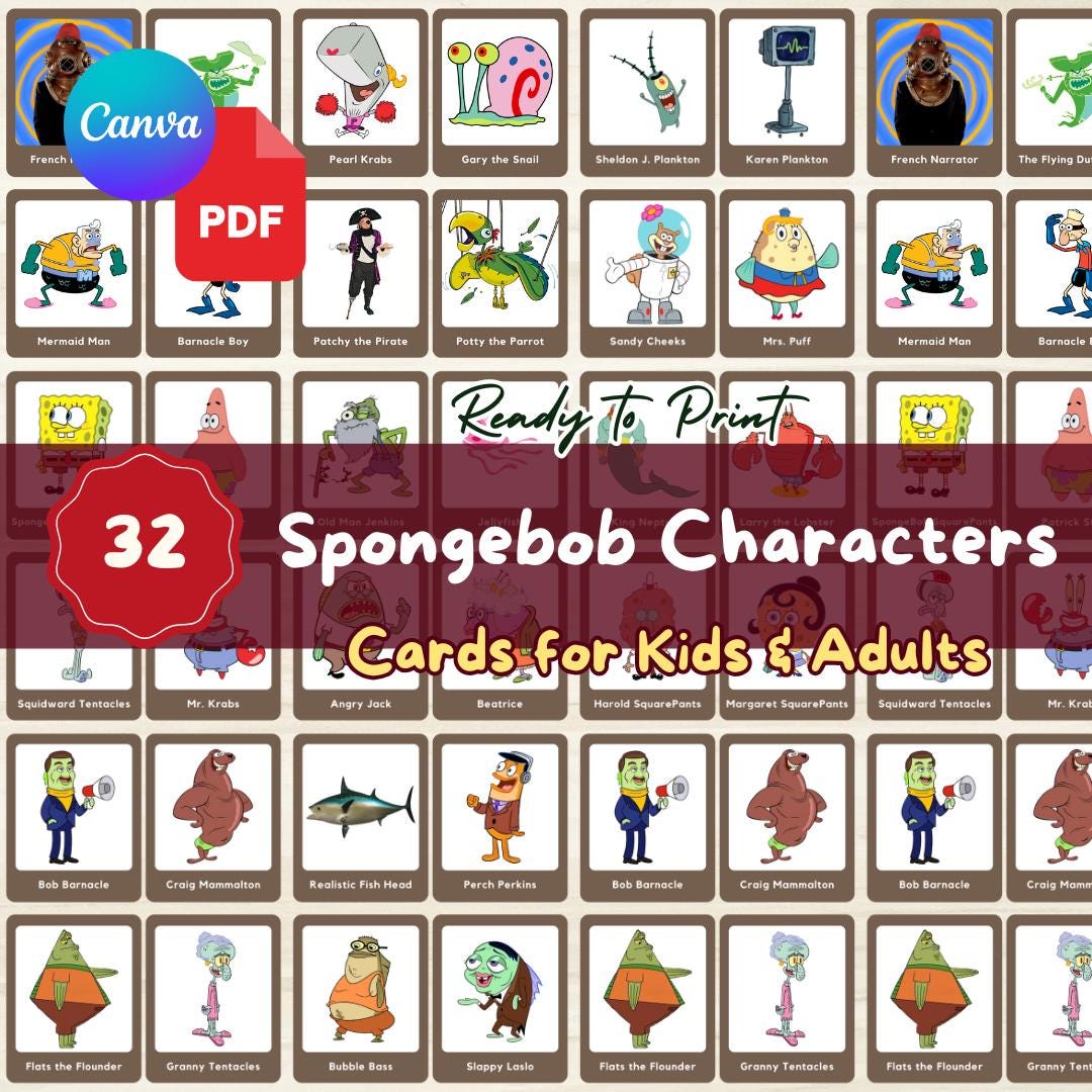 32 SPONGEBOB CHARACTERS Flashcards | Editable Montessori 3-part Cards ...