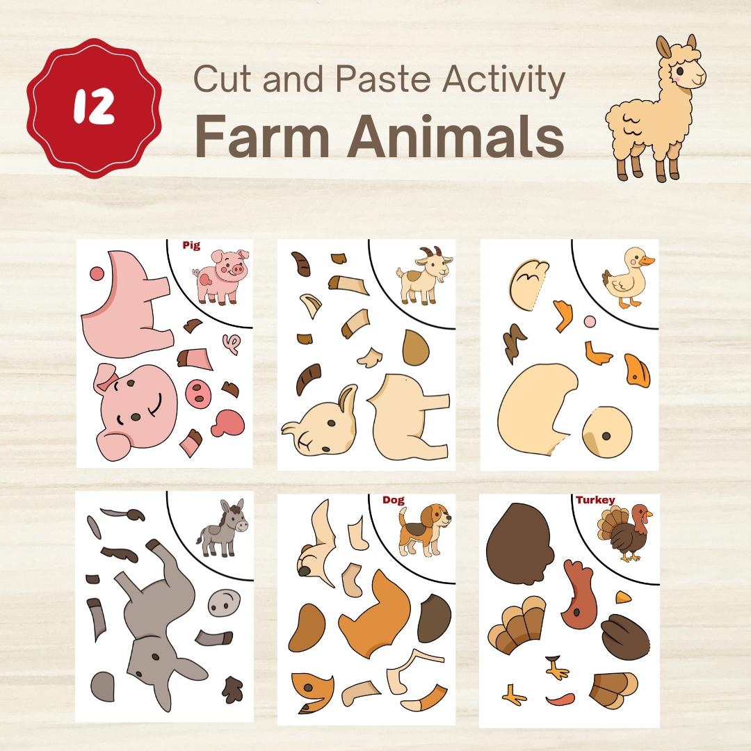 FARM ANIMALS Cut & Glue Activity | 12 Worksheets | Paper Crafting ...