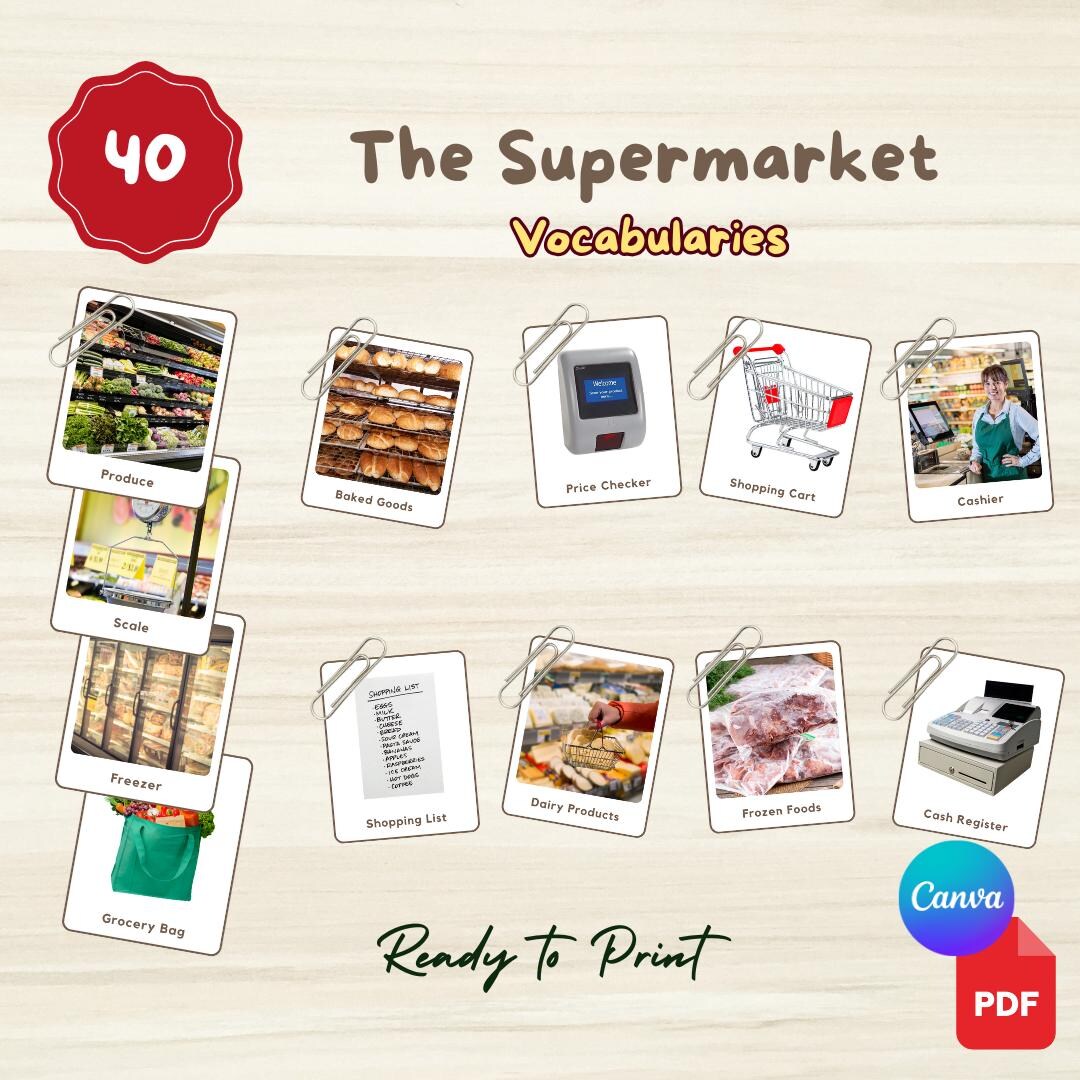 The Supermarket Flashcards: 40 Montessori 3-part Cards (printable PDF ...
