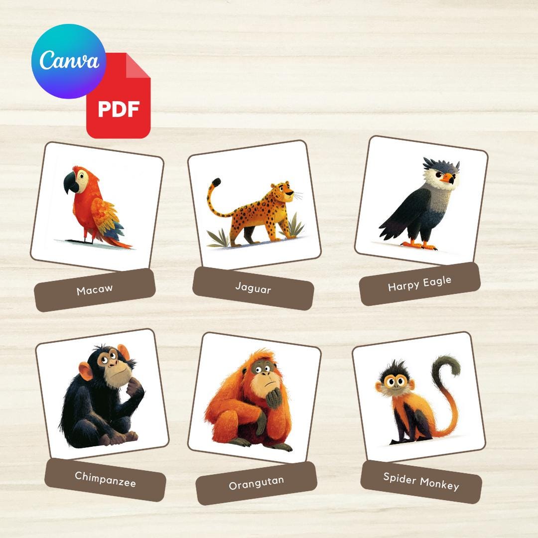 Watercolor Jungle Animals Flashcards: Montessori 3-part Cards ...