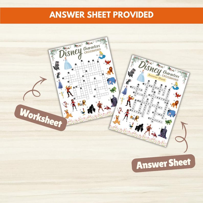 DISNEY CHARACTERS Picture Crossword Puzzle With Answer Keys | Printable ...
