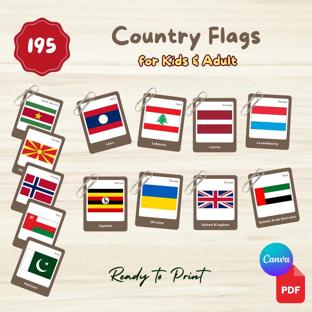 195 COUNTRY FLAGS of the World | Editable Montessori 3-part Cards ...