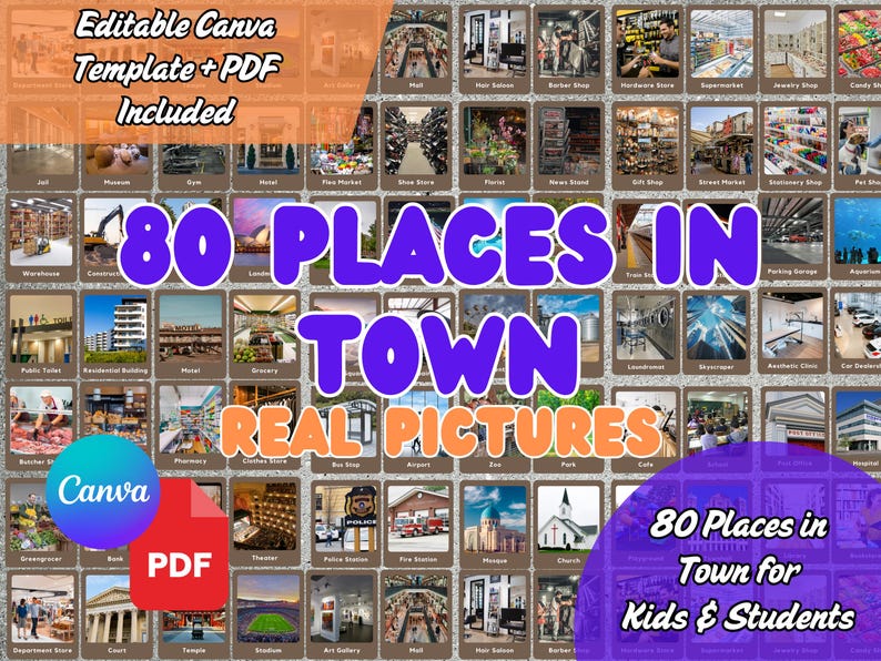 80 PLACES in TOWN Flashcards | Places Vocabularies | Editable ...
