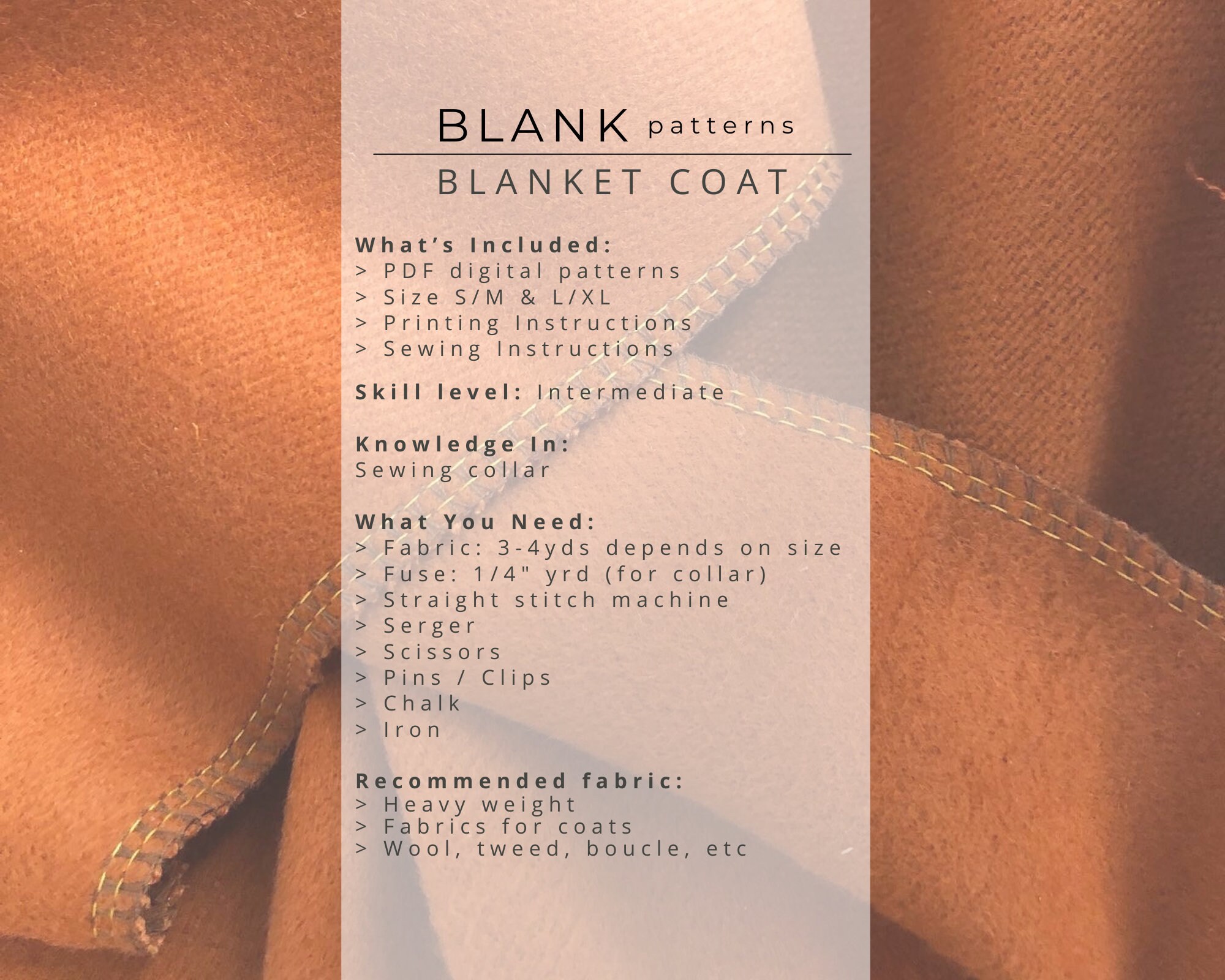 Digital PDF Sewing Pattern Blanket Coat Long Coat Winter Coat Fall ...