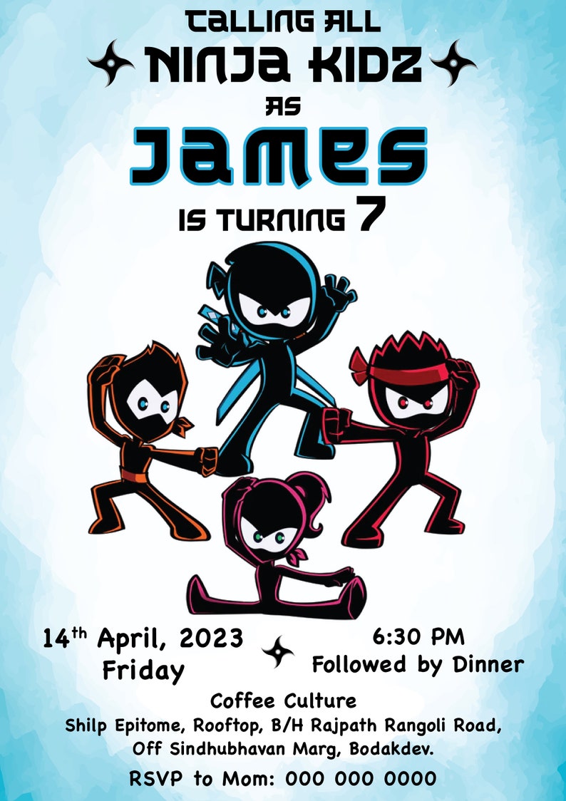 Ninja Kidz Theme Birthday Invite, Ninja Kids Theme Birthday Invitation ...