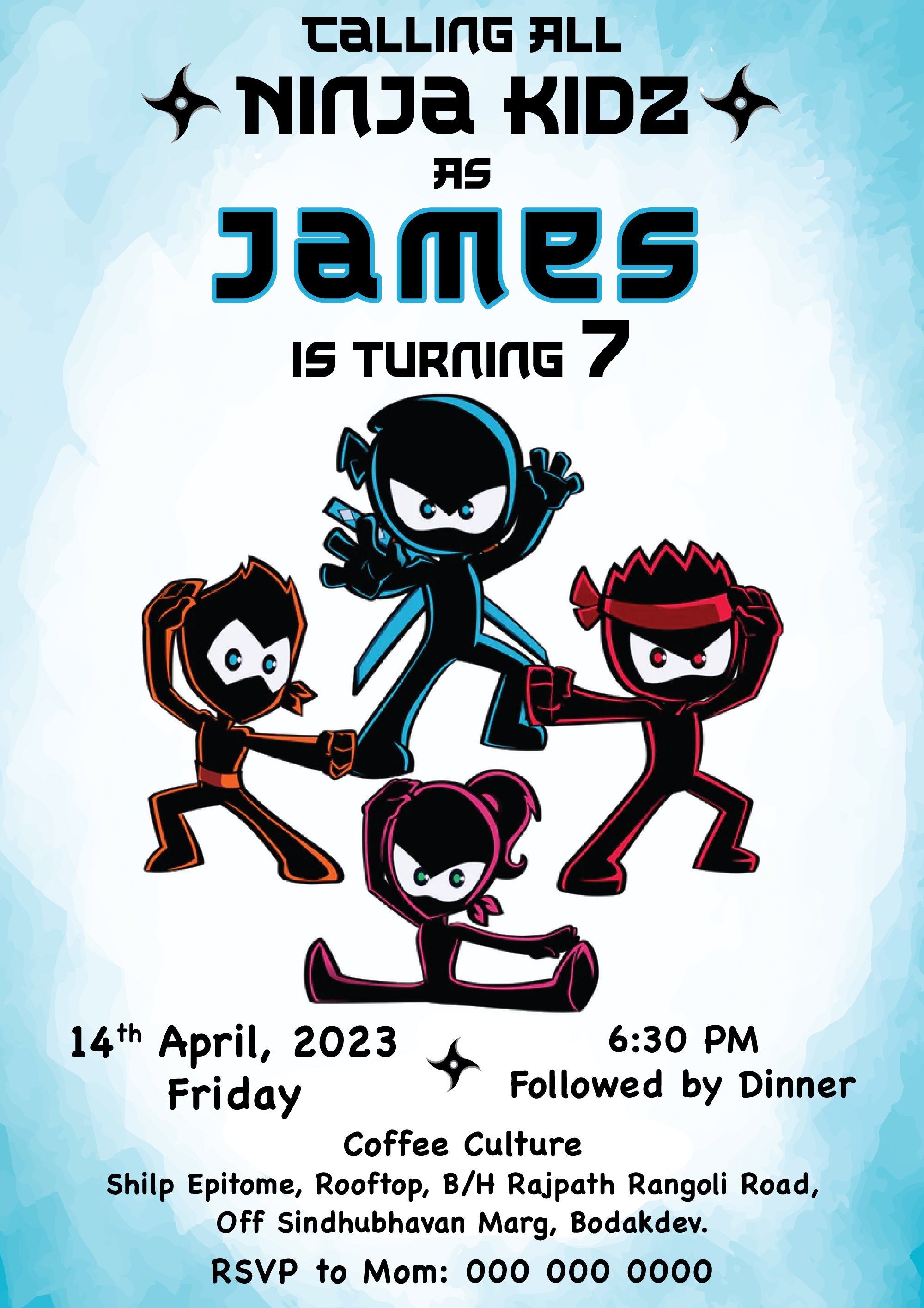 Ninja Kidz Theme Birthday Invite, Ninja Kids Theme Birthday Invitation ...