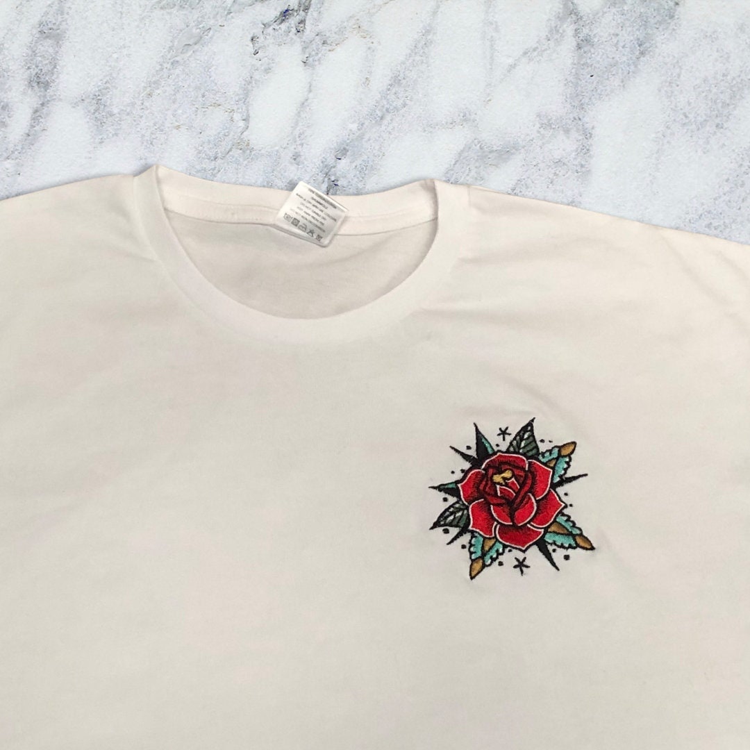 Traditional T-shirt Embroidered Rose Tattoo Style Rose Stitched Rose ...