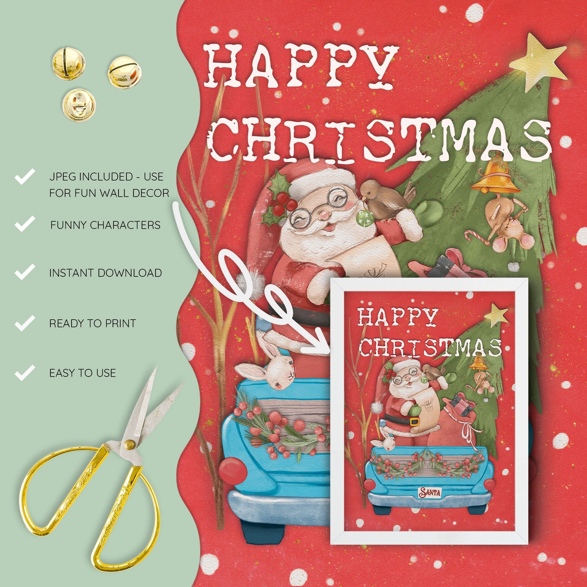 Printable Santa Christmas Card, Santa in a Ute Happy Christmas Card ...