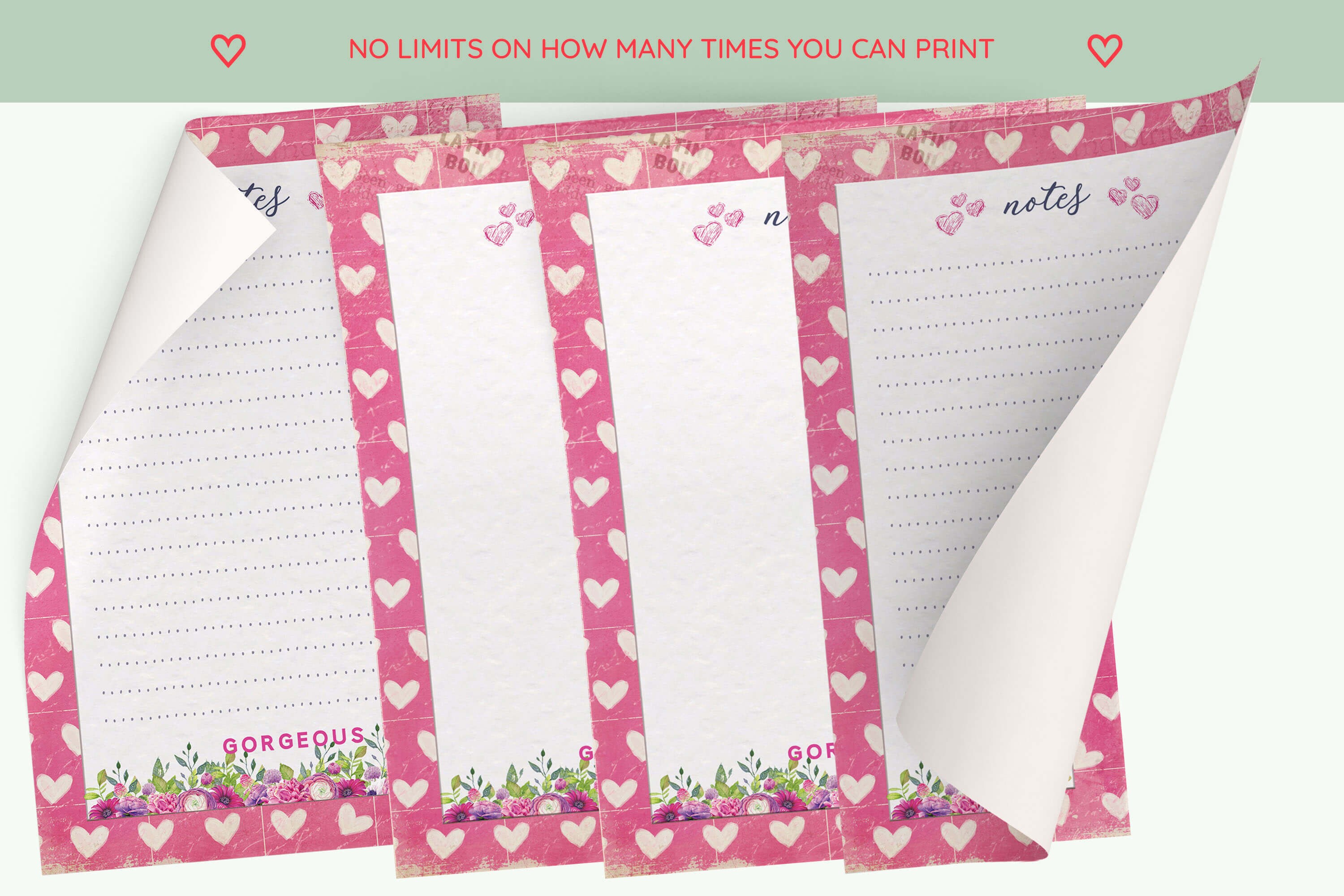 Pink Hearts Printable Stationery, Lined and Unlined Note Pages, Instant ...