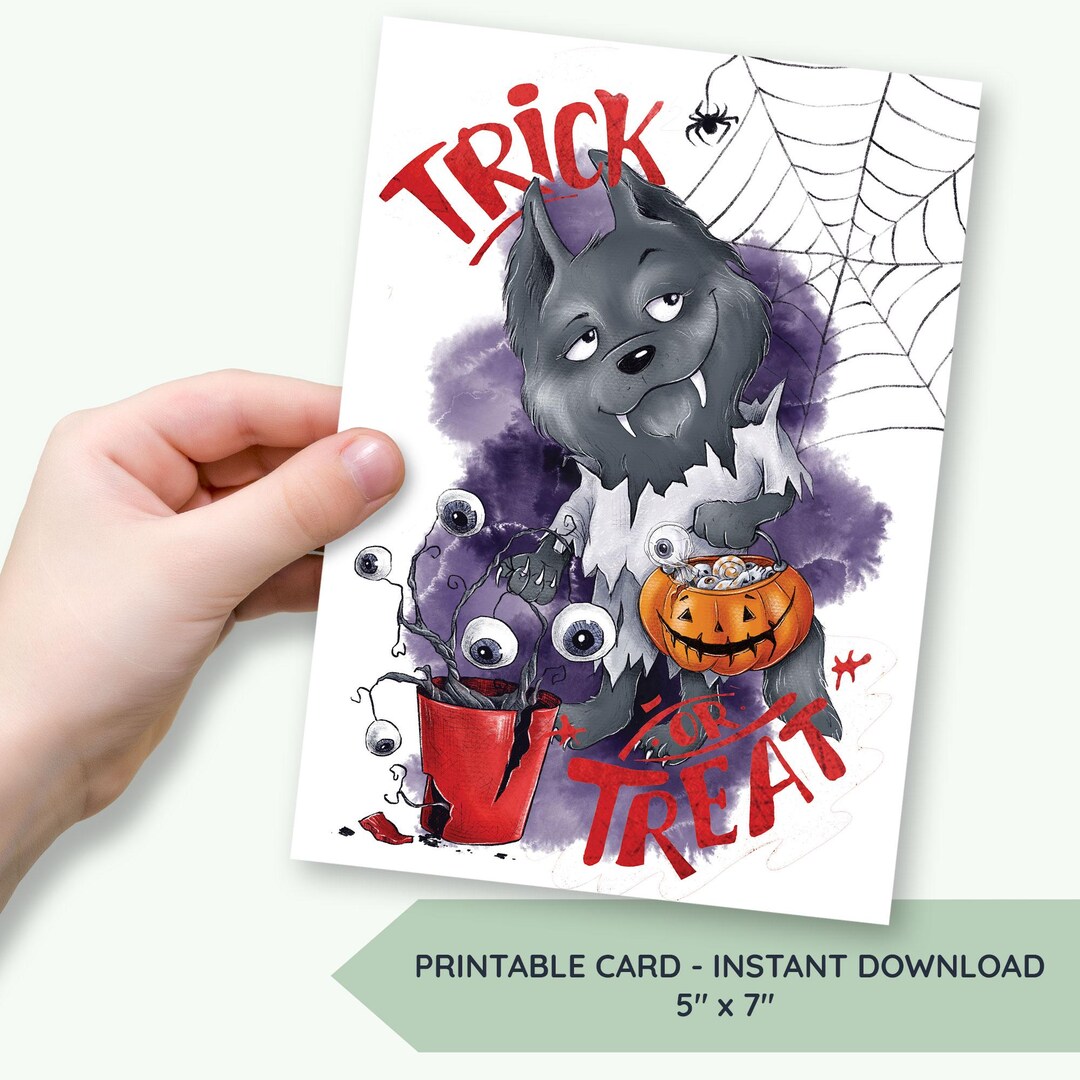 Werewolf Printable Halloween Card, Whimsical Design With Eyeball Plant ...
