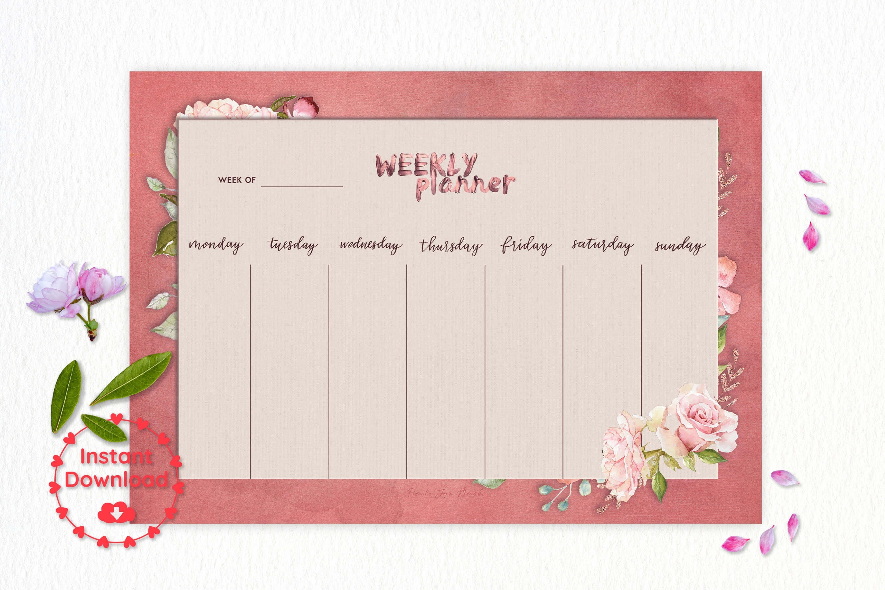 Printable Weekly Schedule With Watercolour Roses, Weekly Goal Planner ...