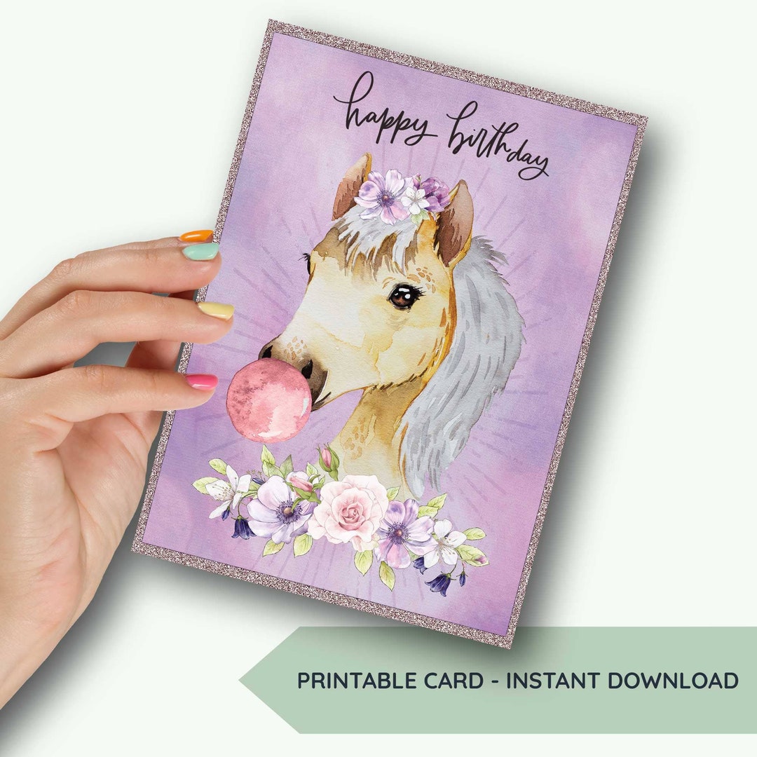 Printable Horse Lover's Birthday Card Watercolour Bubblegum Horse Card ...