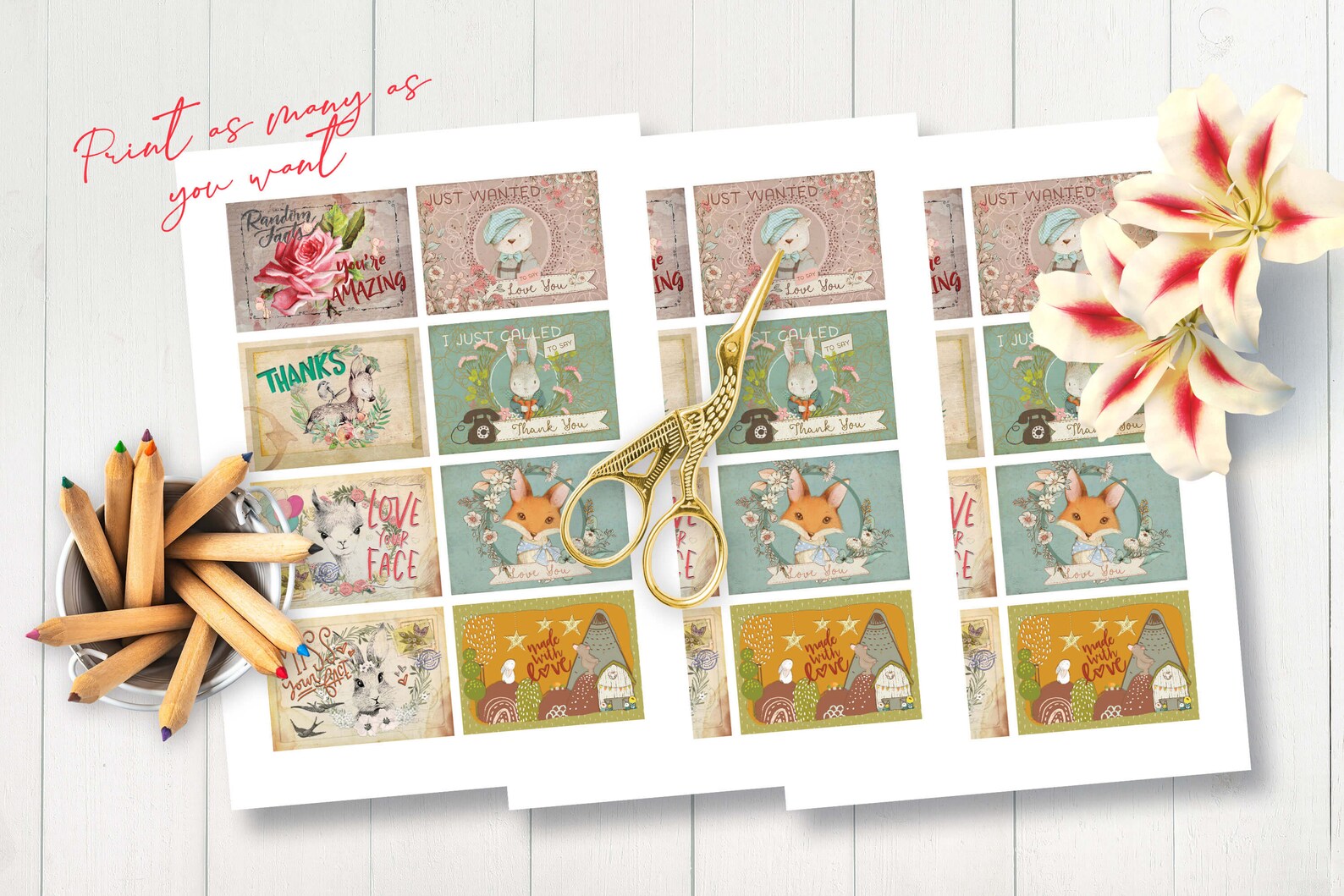 Vintage Style Mini Cards Printable Gratitude & Love Tiny | Etsy