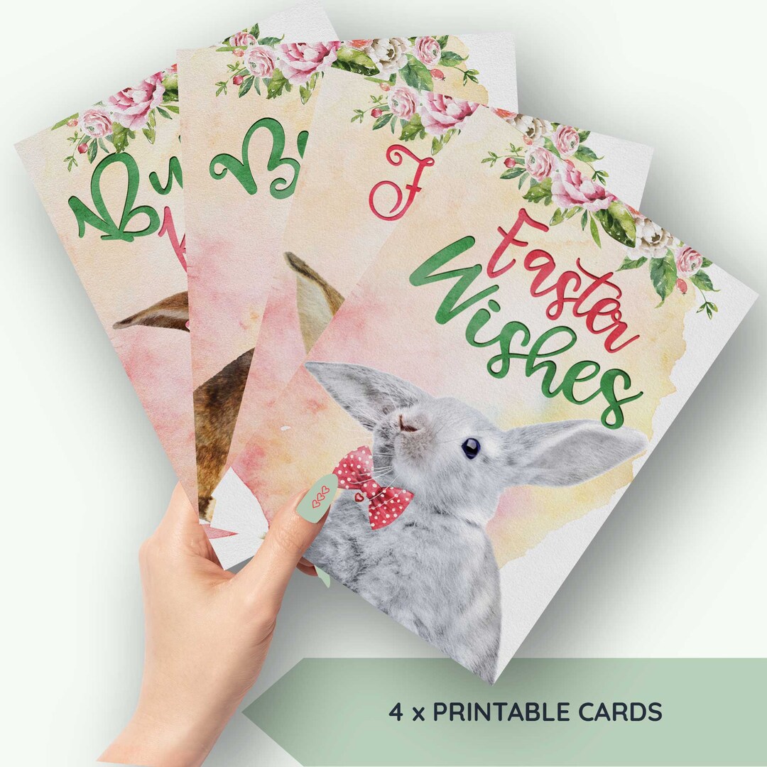 Printable Easter Cards Set With Cute Bunnies and Flowers Whimsical ...