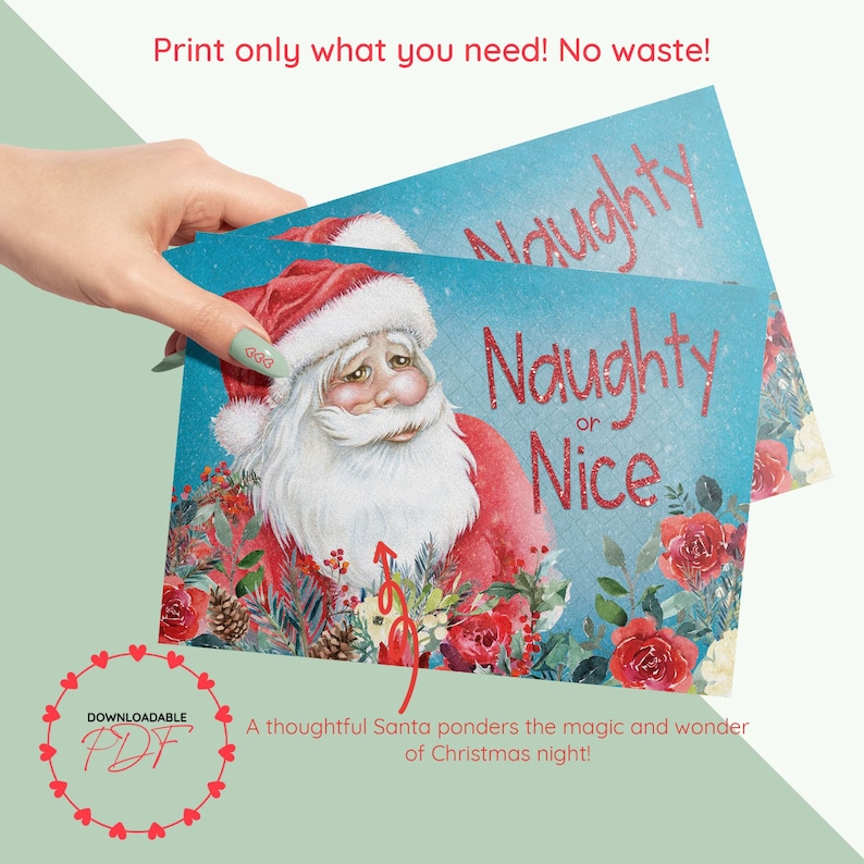 Whimsical Vintage Santa Christmas Card Printable Naughty or Nice ...