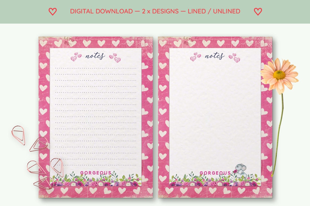 Pink Hearts Printable Stationery, Lined and Unlined Note Pages, Instant ...