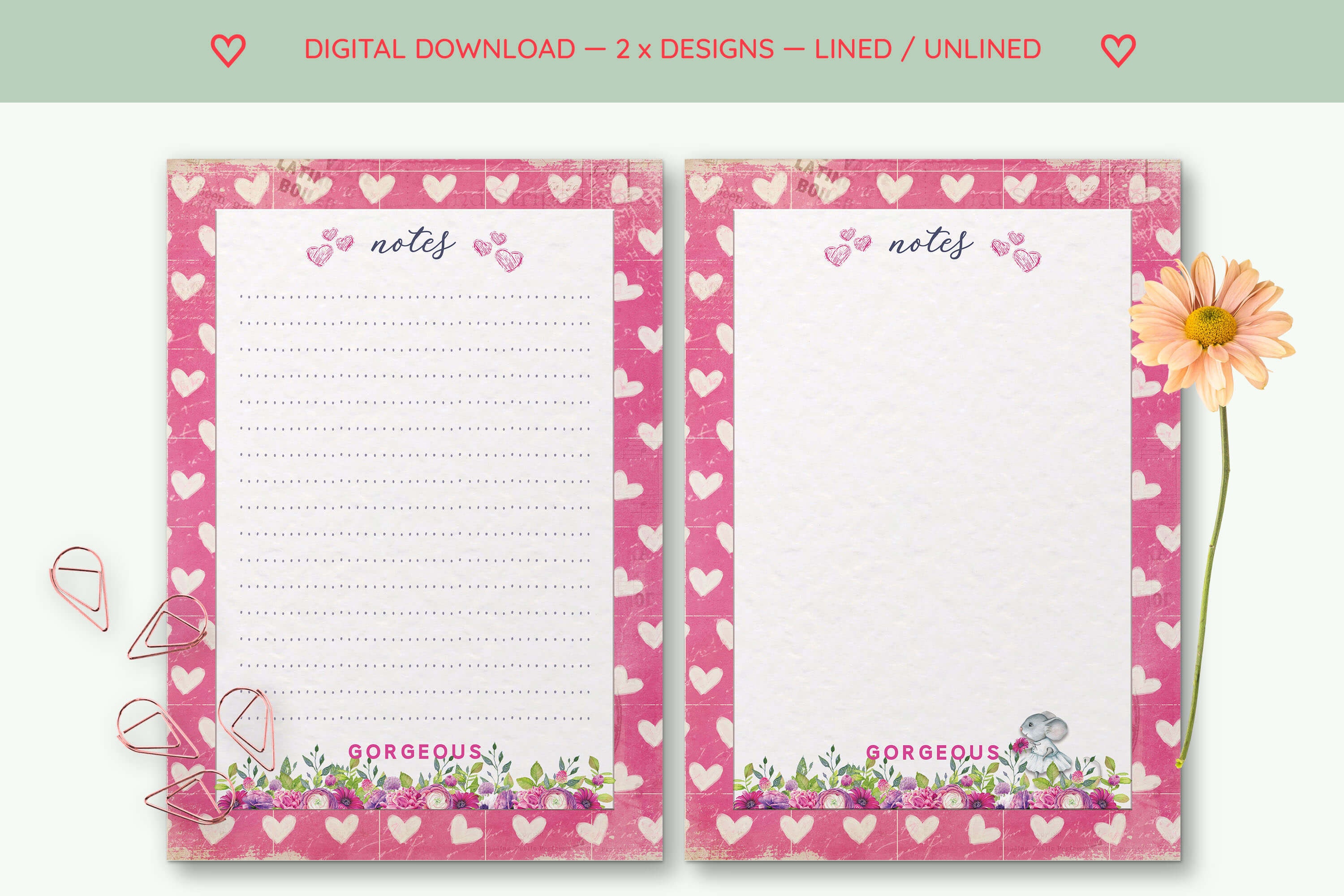 Pink Hearts Printable Stationery, Lined and Unlined Note Pages, Instant ...