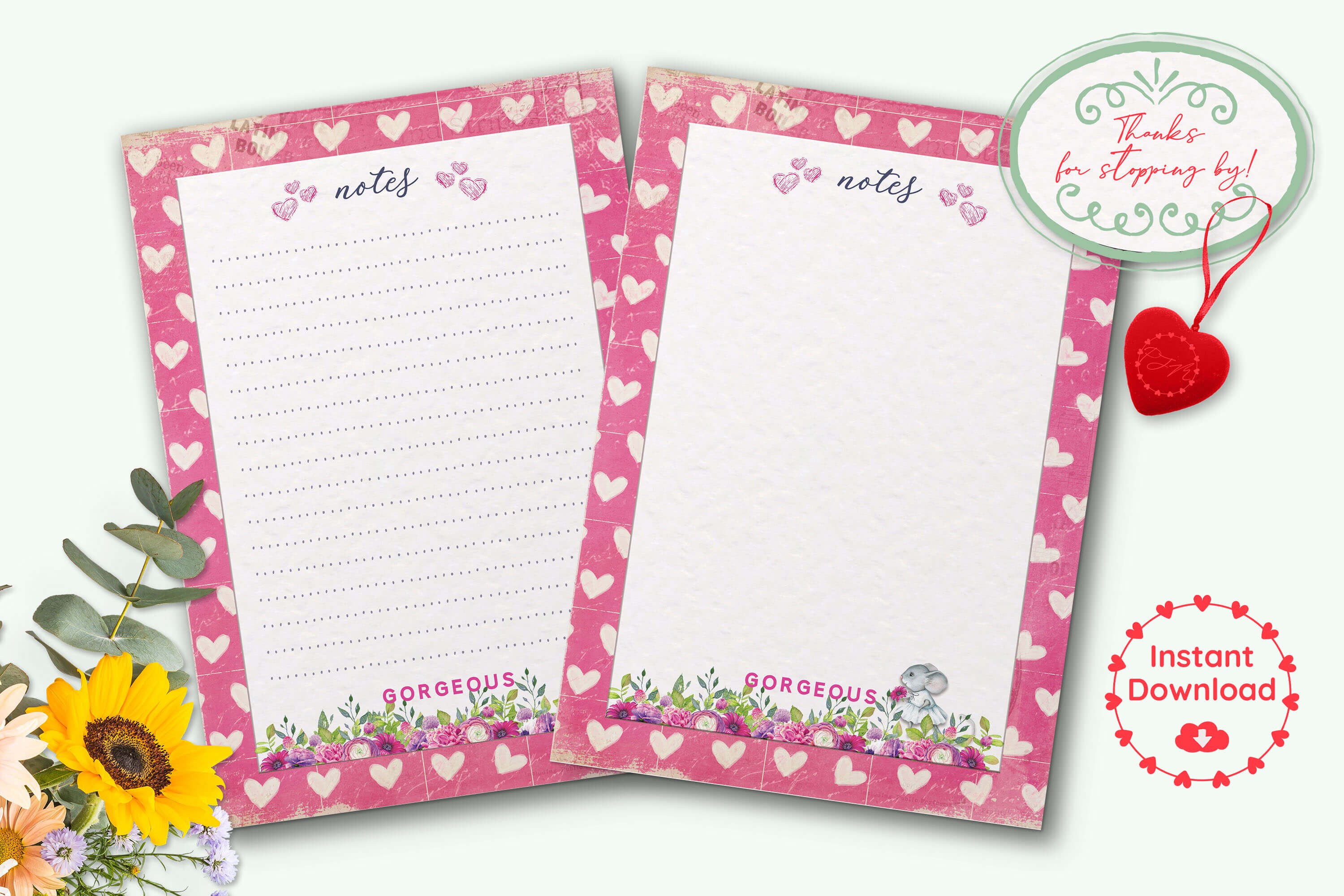 Pink Hearts Printable Stationery, Lined and Unlined Note Pages, Instant ...