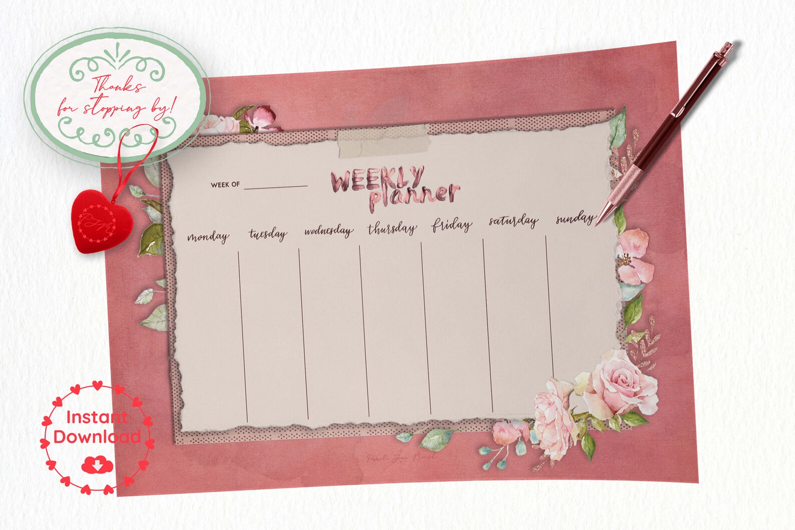 Printable Weekly Schedule With Watercolour Roses, Weekly Goal Planner ...