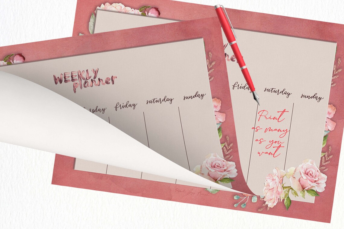 Printable Weekly Schedule With Watercolour Roses, Weekly Goal Planner ...