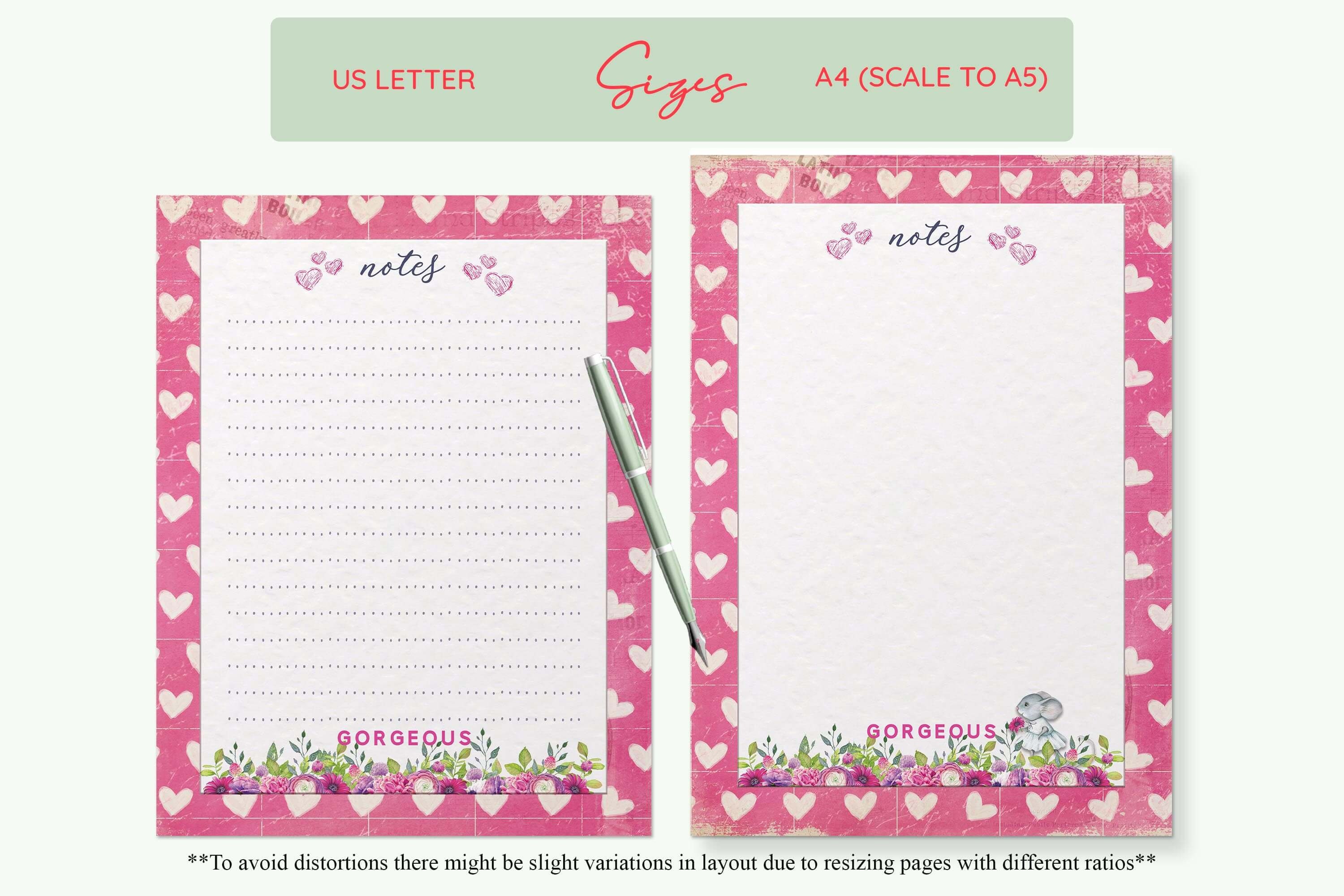 Pink Hearts Printable Stationery, Lined and Unlined Note Pages, Instant ...