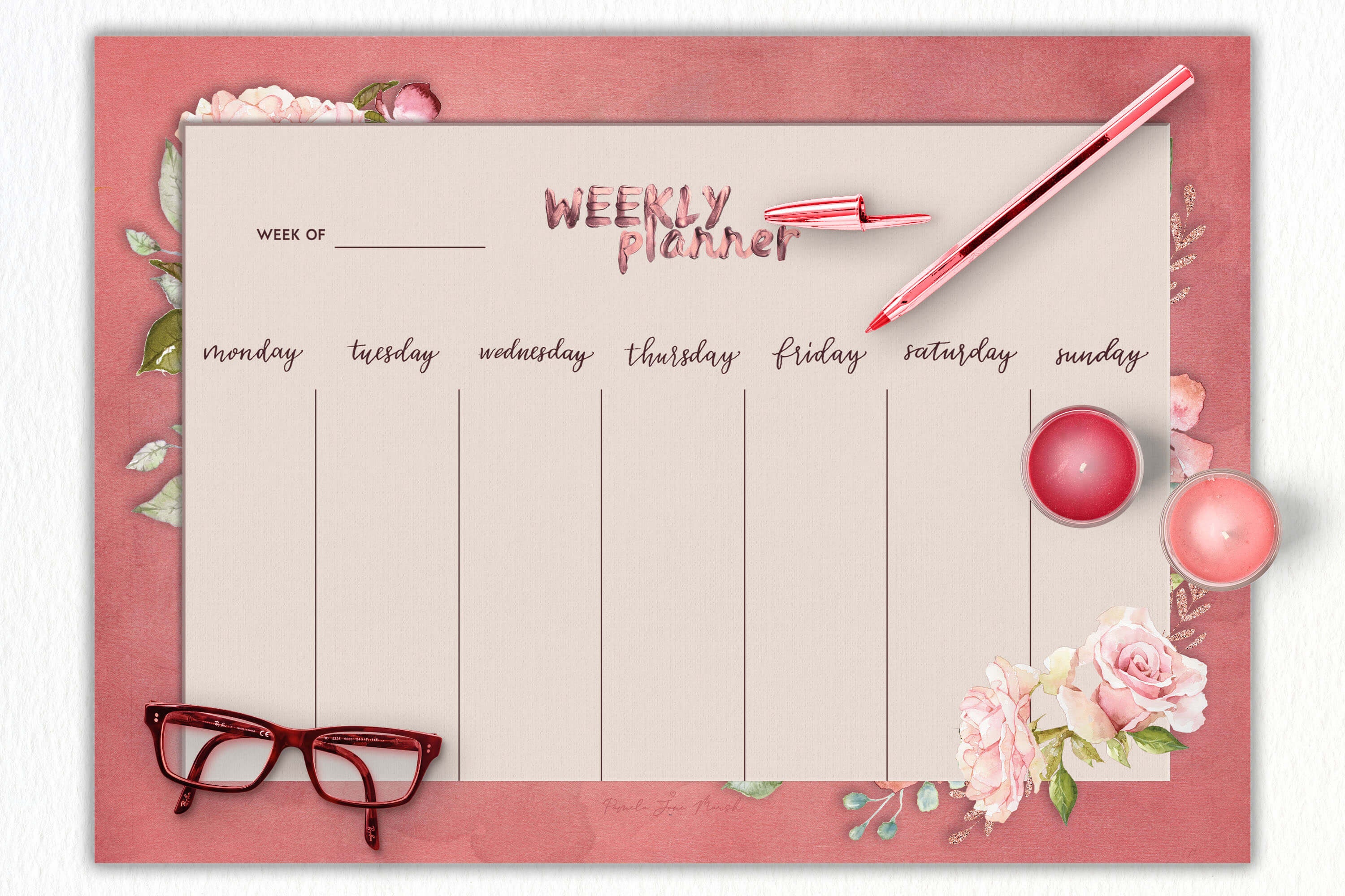 Printable Weekly Schedule With Watercolour Roses, Weekly Goal Planner ...